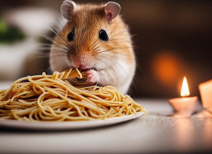 photo of a hamster eating spaghetti, at night, candlelit restaur ...