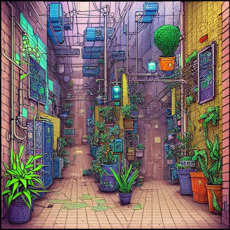 Lexica - An absurdly-detailed cyberpunk alleyway colored-pen drawing as ...