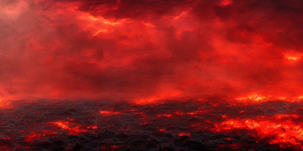 Lexica - A boiling and flaming red sea, illustration, raining, dark and ...