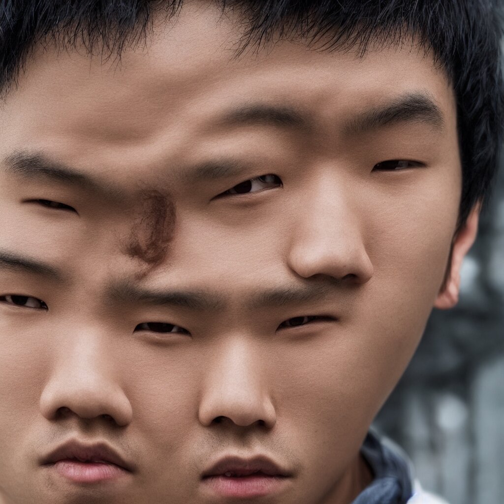 Lexica - A young asian man with a square face, very short thick curly ...