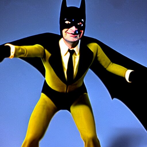 Lexica - Mr. bean as batman 1 9 6 6. movie still. cinematic lighting.