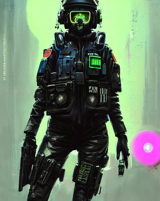 detailed neon female swat officer flying a jet, cyberpunk futuri ...