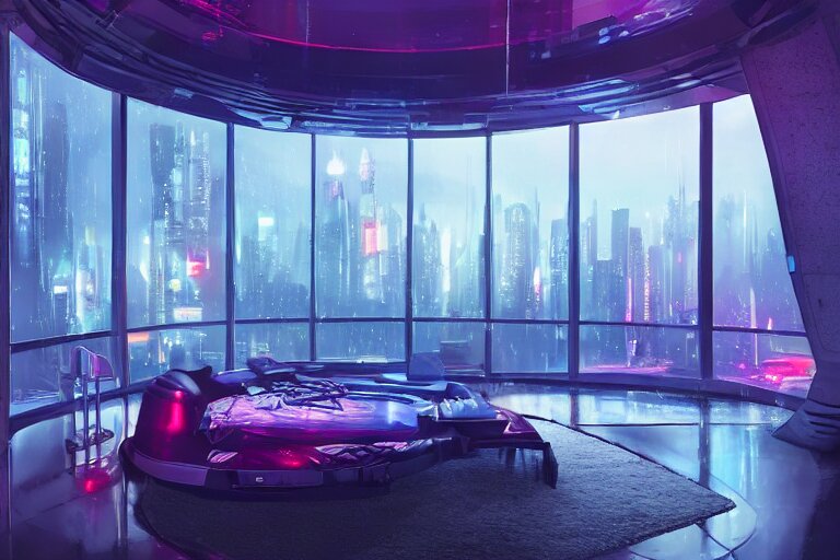 Lexica - A futuristic bedroom with large curved ceiling high windows ...