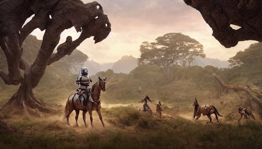 Lexica - Mandalorian riding a horse, madagascar with baobabs trees in ...