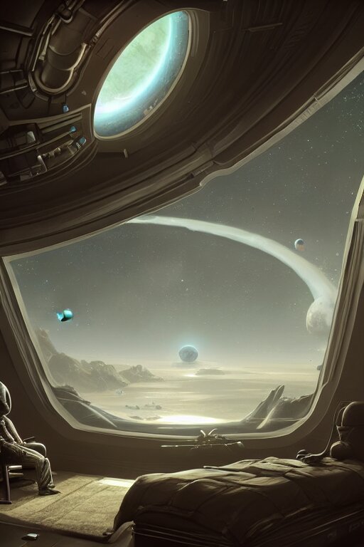 Lexica - Inside a room alien spaceship with large window that provide a ...