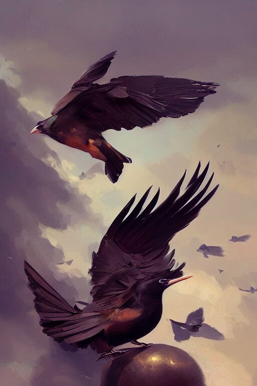 Lexica - Birds flying, wings, flock of brown black blue birds, oil ...
