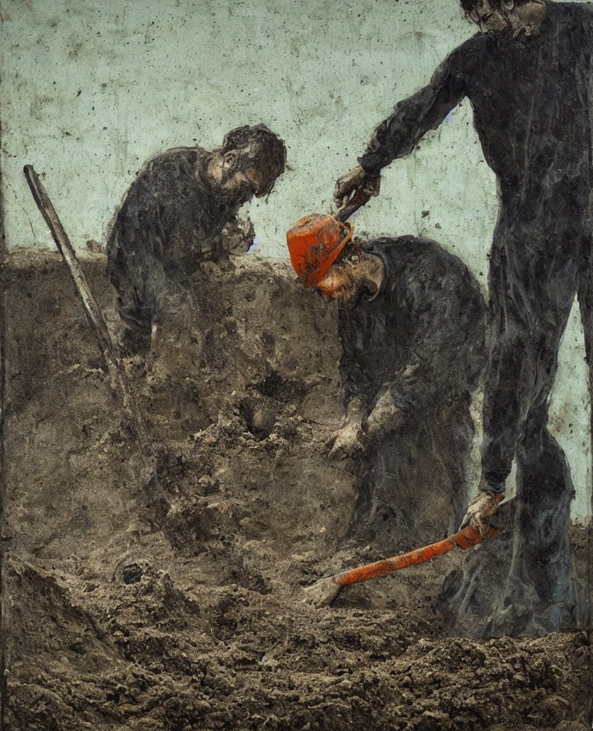 Lexica - A man with a shovel standing digging up a grave with a ...