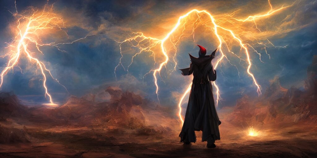 Lexica - Wizard in front of magical explosion, lightning, fantasy ...