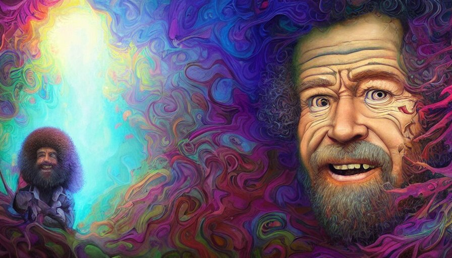 bob ross on a psychedelic trip with an open mouth and glowing ey ...