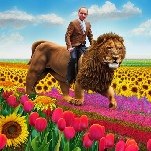 Lexica - A portrait of Vladimir Putin shirtless riding a lion, fields ...