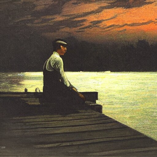 Lexica - Gatsby on his dock at night, looking at the dim green light ...