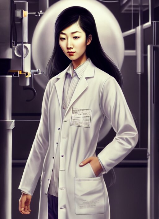 Lexica - Beautiful asian girl, wearing lab coat, standing inside a ...