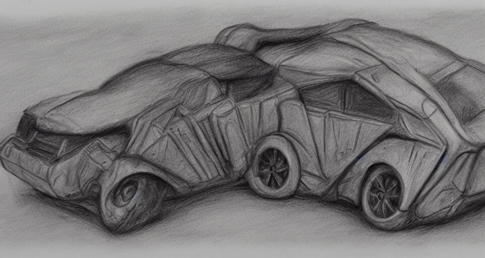 graphite drawing of a stylized cartoony fury road car - Arthub.ai