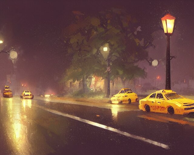 Lexica - One single taxi cab driving down a rainy country road ...