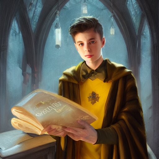 an oil painting of a portrait of a handsome hogwarts boy in huff ...