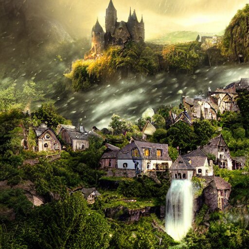 a dragon flying over medieval hobbit homes, ornate, beautiful, a ...