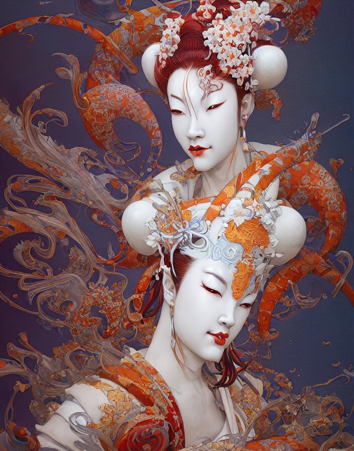 Lexica - Subsurface scattering, white, koi, geisha deity with koi armor ...