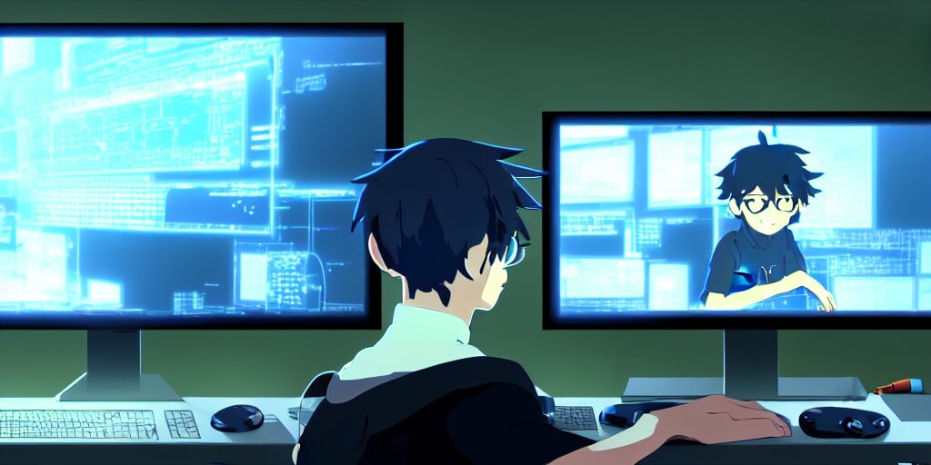 Lexica - A nerdy boy is programming at a computer in a room full of gadgets and computer screens ...