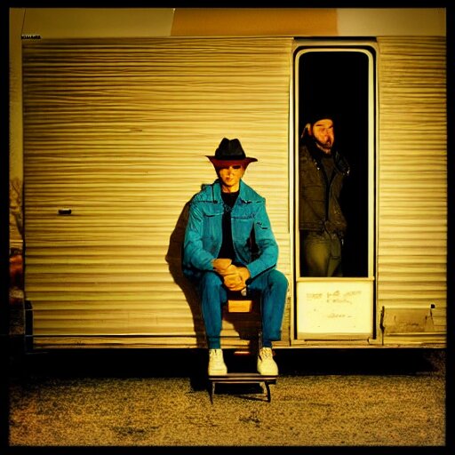 Lexica - A man sitting on a stool in front of a trailer, an album cover ...