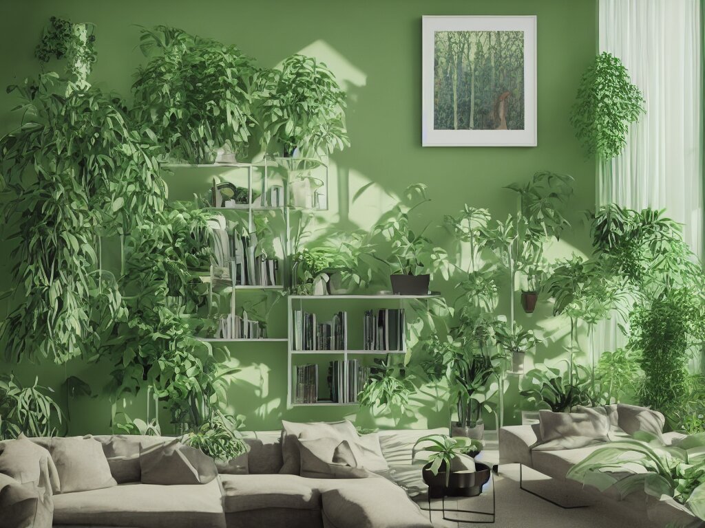 Lexica - Comfy green living room with many plants, complicated liminal ...