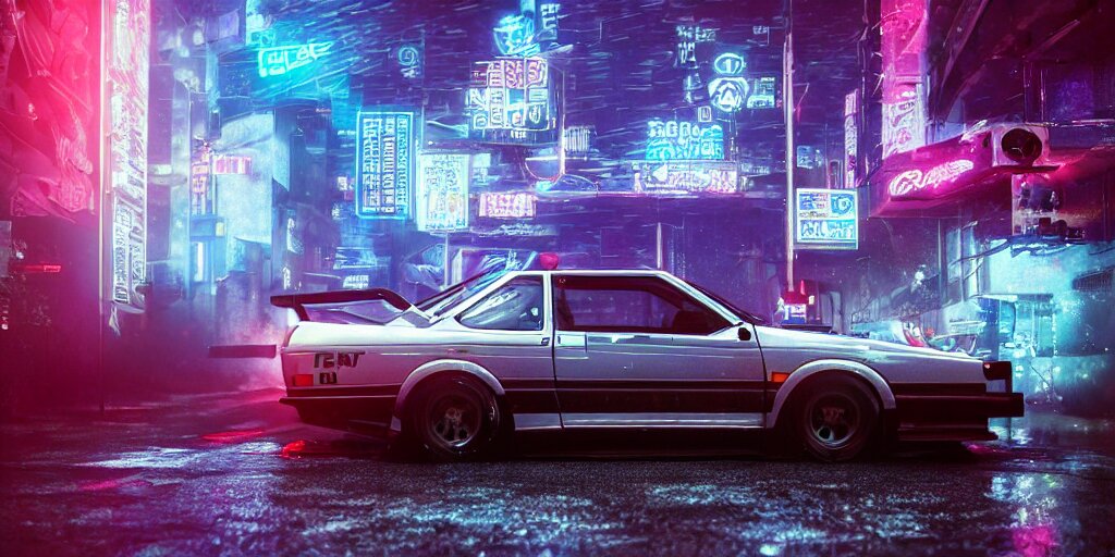 Lexica - Toyota ae 8 4 sprinter trueno parked in a cyber punk alley ...