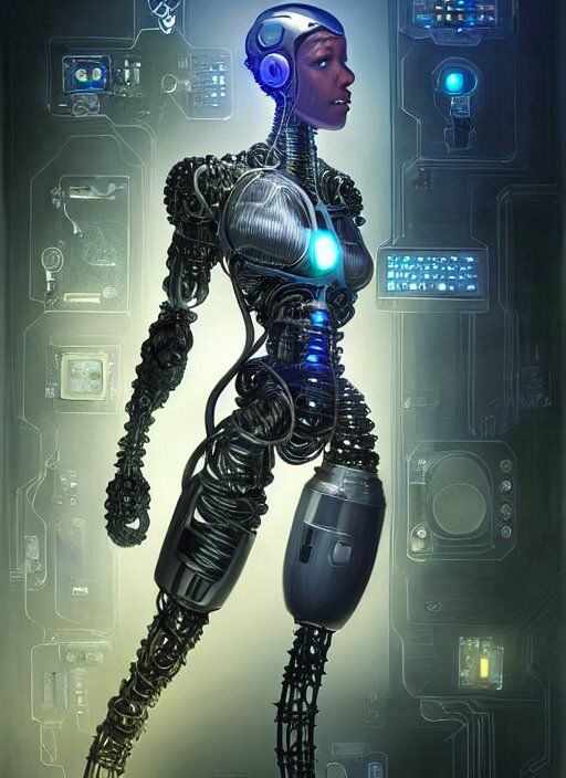 cyborg recharging in a computer lab connect to cables, diffuse l ...