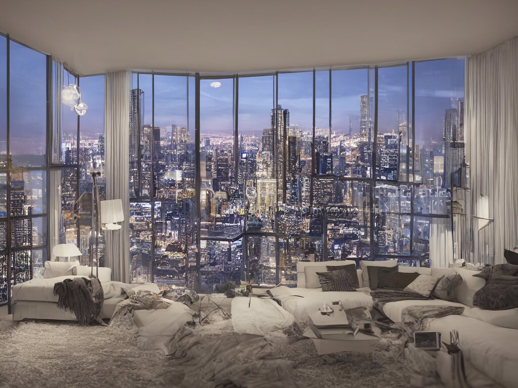 a Photorealistic hyperrealistic interior night time render of a ...