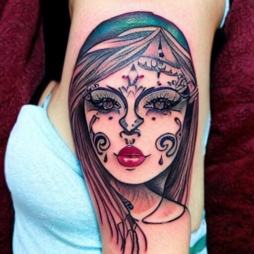 tattoo on female face, epic, colorful, beautiful, intricate deta ...