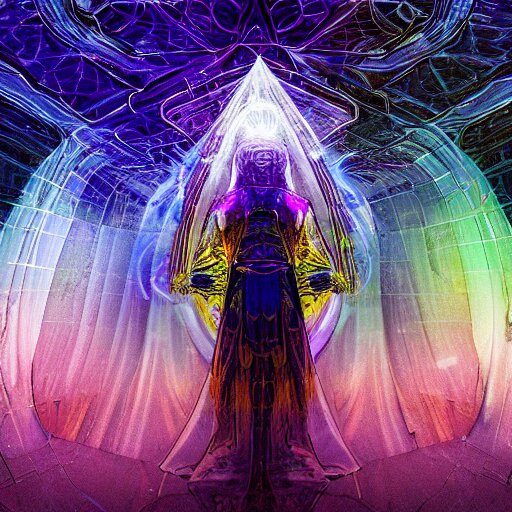 A space wizard stand in front of giant, glowing crystal sits in ...