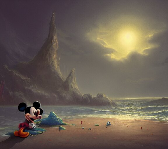 Lexica - Mickey Mouse sitting on a terrifying beach ,Scary sea monsters ...