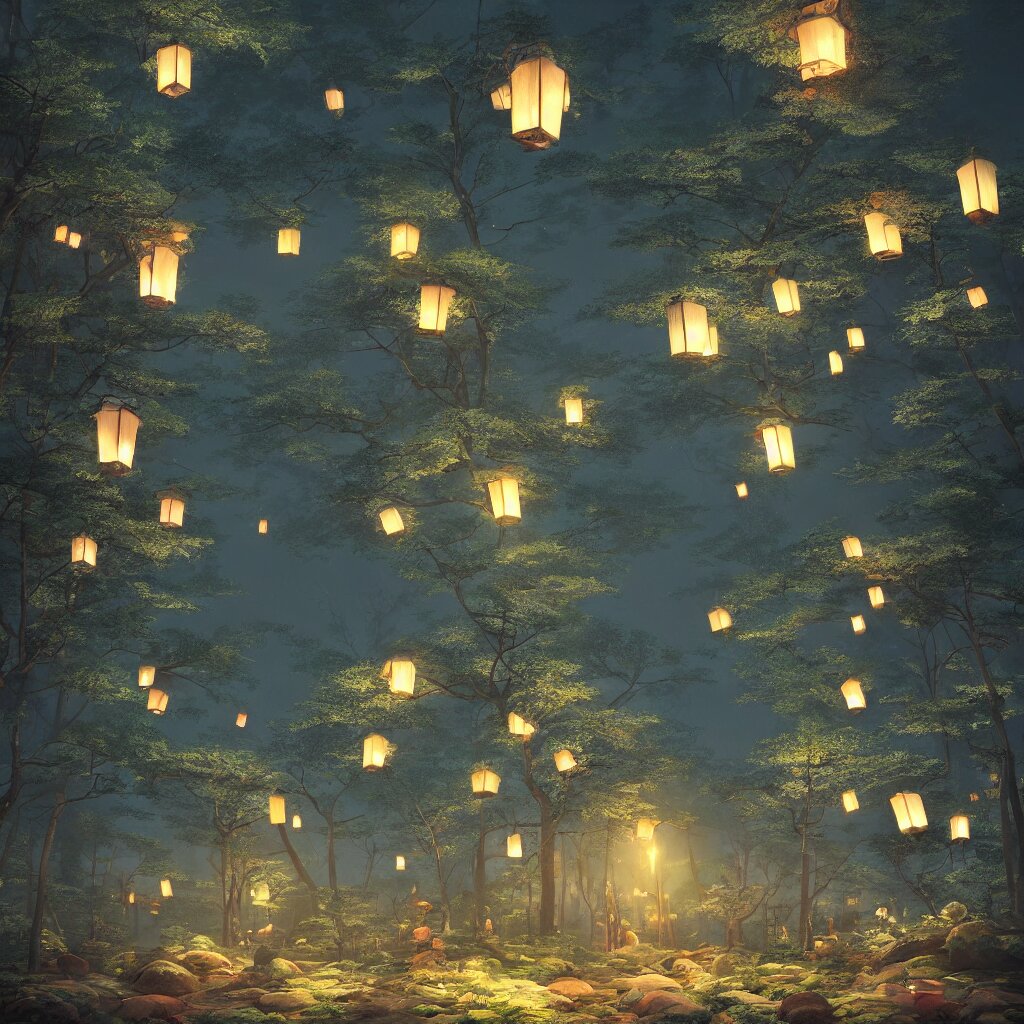Lexica - Japanese forest at night, lanterns, highly detailed, dreamlike ...