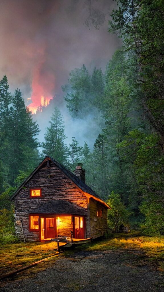 Lexica - Small wooden cottage in the forest at night, smoke coming out ...