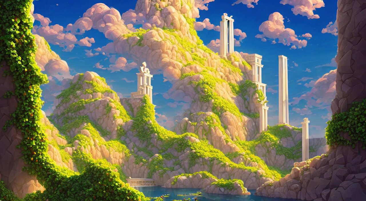 Lexica - painting of Atlantis zeus tower statue and hill valley grec ...