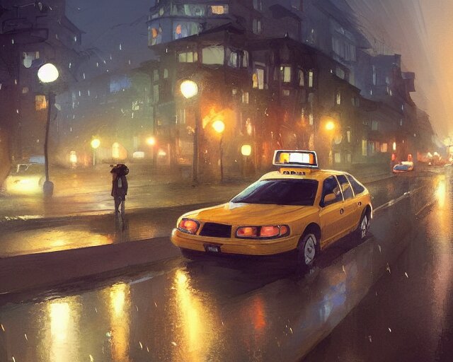 Lexica - One single taxi cab driving down a rainy country road ...