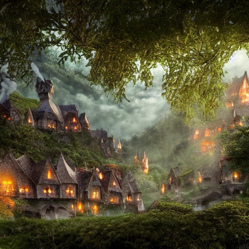 a dragon flying over medieval hobbit homes, ornate, beautiful, a ...
