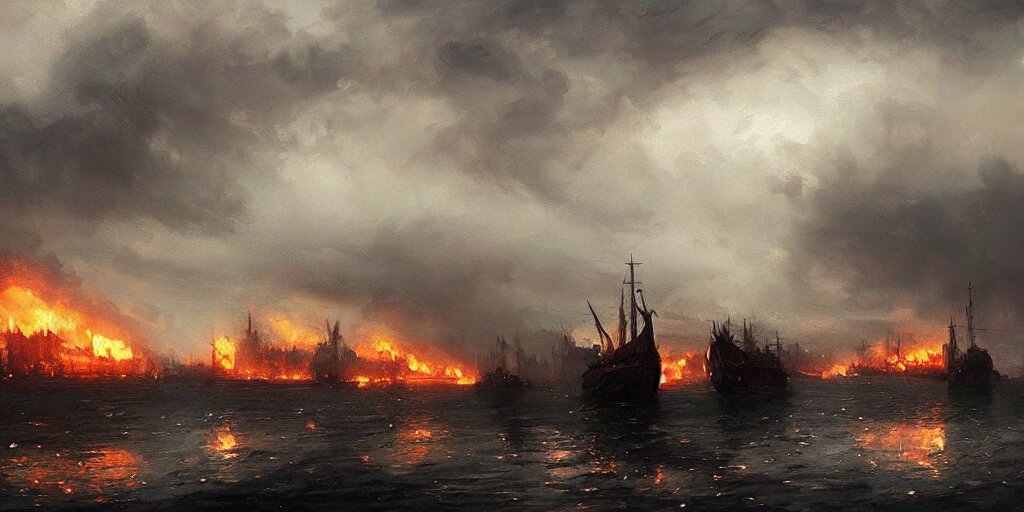 Lexica - Hyper realistic oil painting of a medieval fleet burning, dark ...