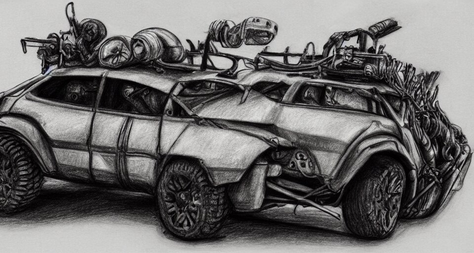graphite drawing of a stylized cartoony fury road car - Arthub.ai