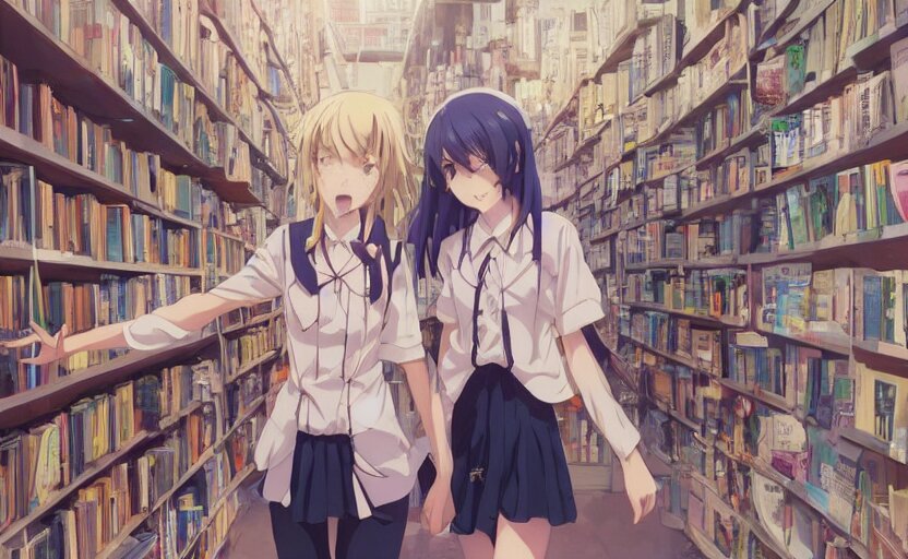 Lexica - One single high school anime girl shopping on a book store. by ...