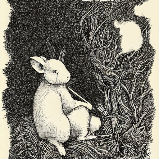Lexica - A pen and ink drawing of a white rabbit smoking a cigarette ...