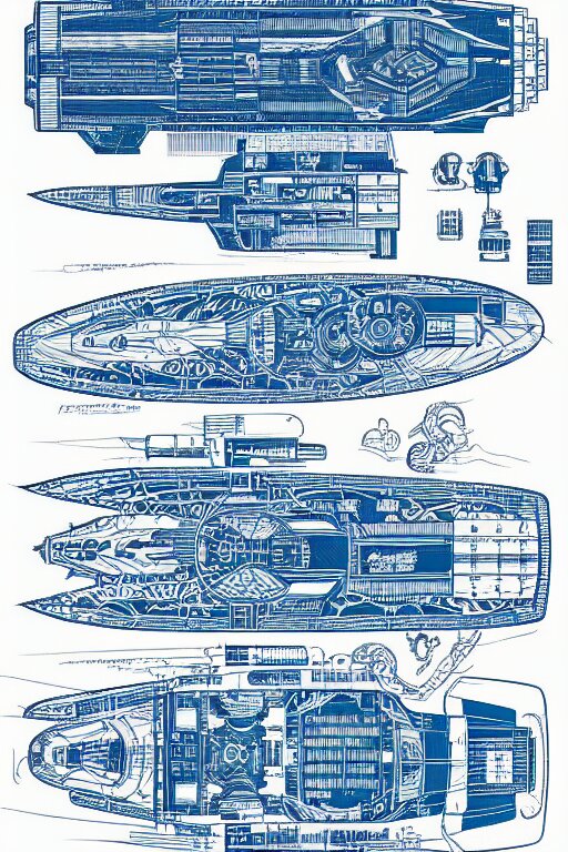intricately detailed blueprint of a cruiser class spaceship by J ...