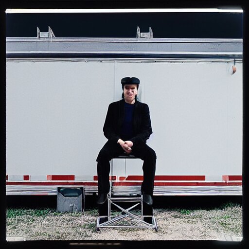 Lexica - A man sitting on a stool in front of a trailer, an album cover ...