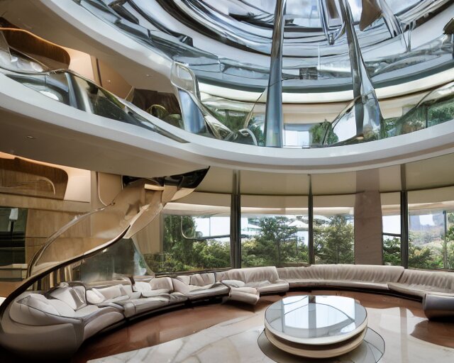 Lexica - A futuristic living room in a glass dome with floor to ceiling ...