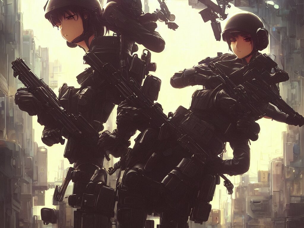 Lexica - Anime key visual of a young female swat officer fighting male ...