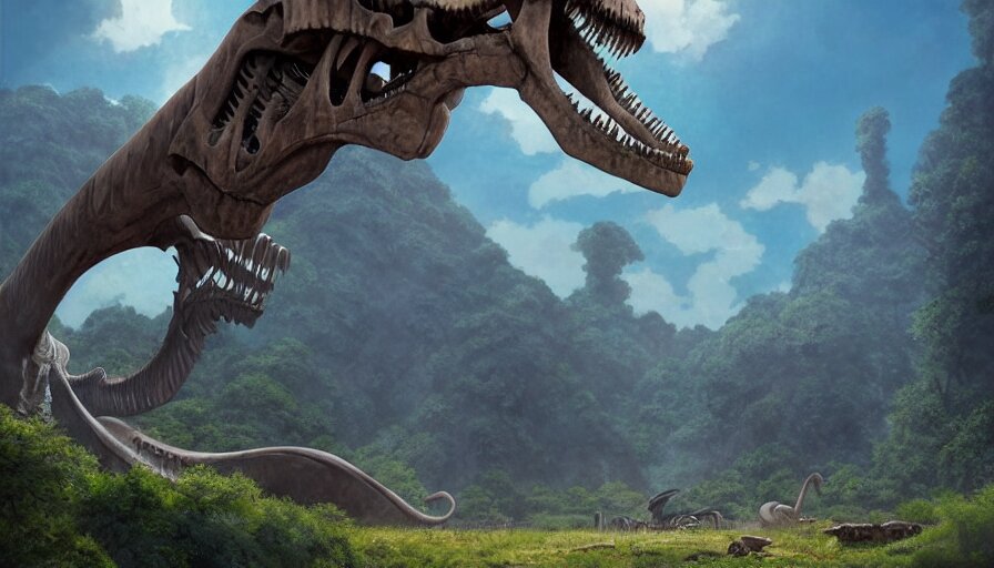 Lexica - A highly detailed matte painting of the huge dinosaur skeleton ...