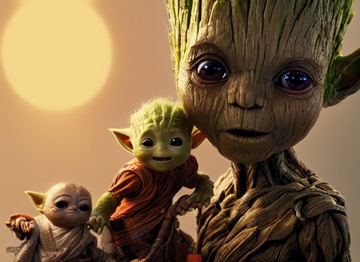 Lexica - A dramatic highly detailed render of baby groot and baby yoda ...