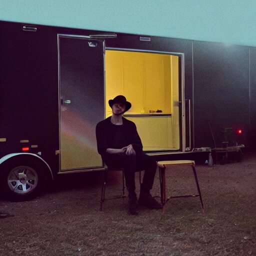 Lexica - A man sitting on a stool in front of a trailer, an album cover ...