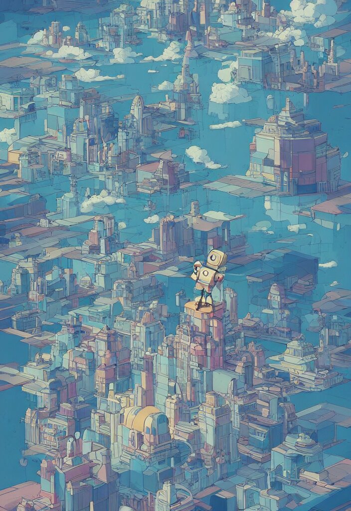 Lexica - A study of cell shaded cartoon of a small robot admiring a ...