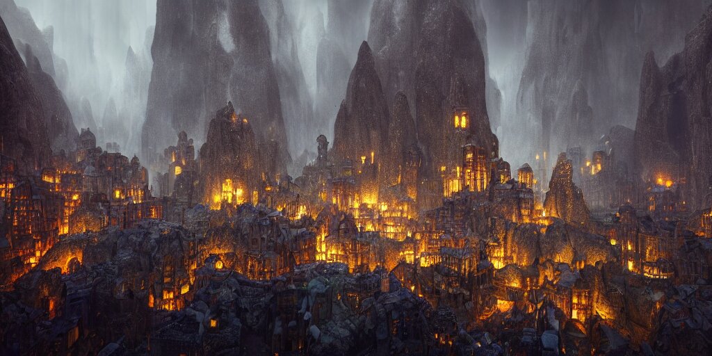 Lexica - A shining dwarven city in a dark cavern, rainy, dark and ...