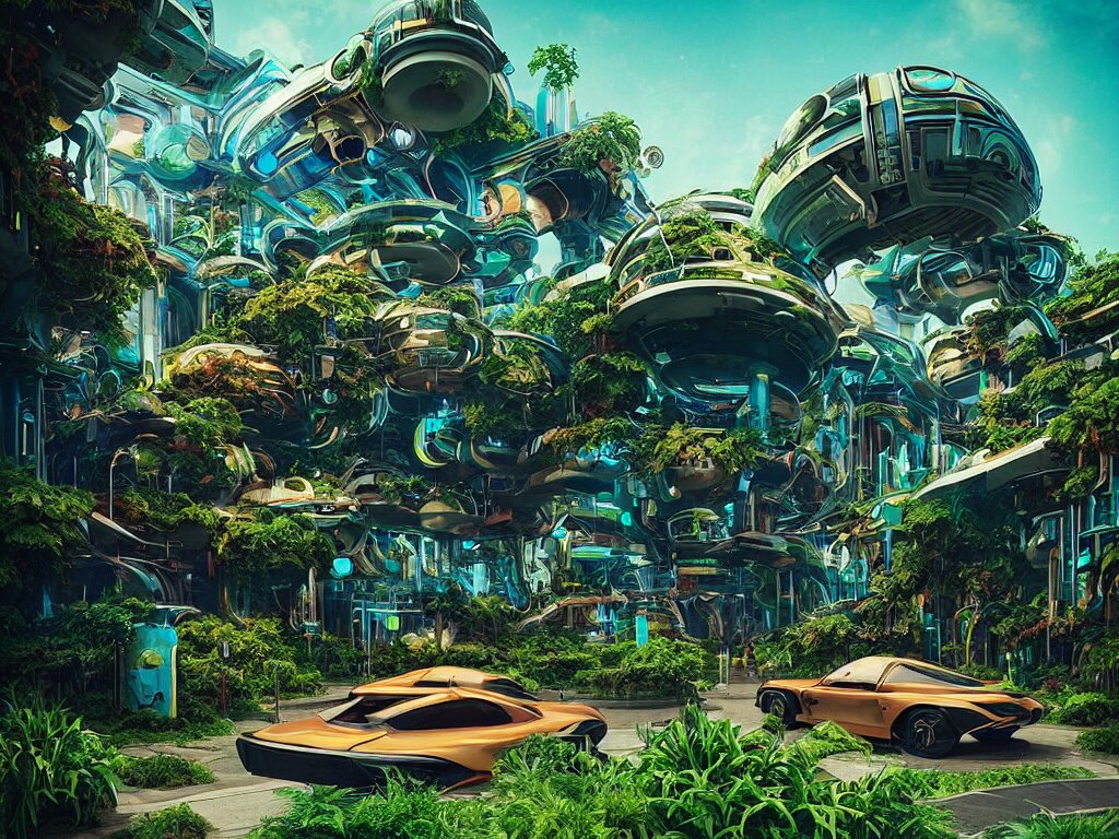 Lexica - 80s futuristic outdoor retro arcade, desolate, lush vegetation ...