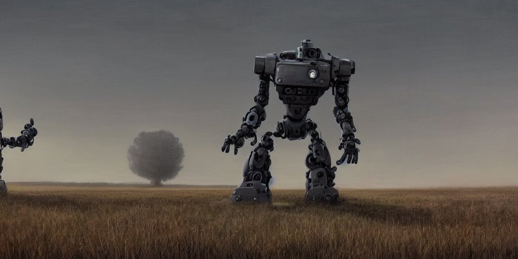 Lexica - A single colossal robot statue in an empty field in the ...